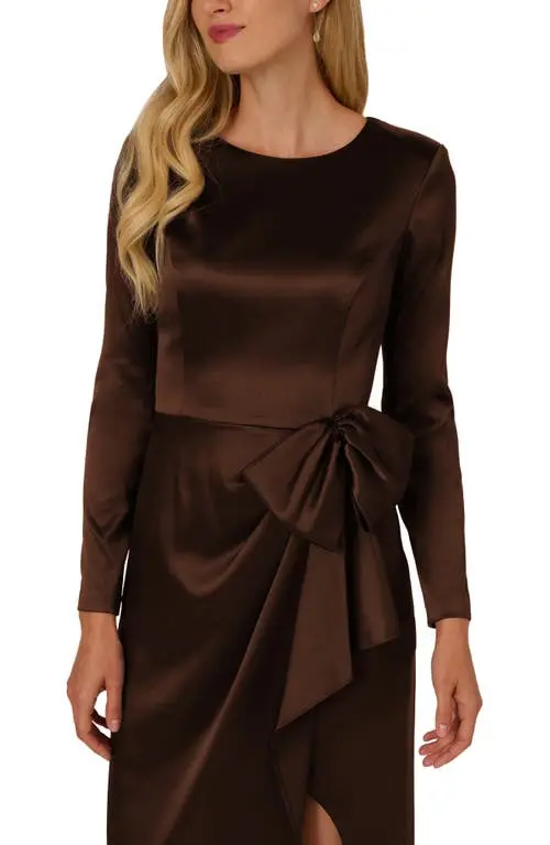 Adrianna Papell Side Bow Long Sleeve Stretch Satin Gown