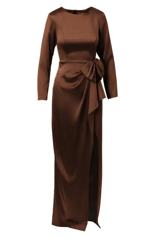 Adrianna Papell Side Bow Long Sleeve Stretch Satin Gown