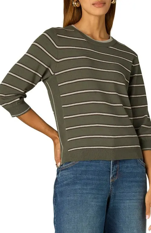Wit & Wisdom Striped Three-quarter Sleeve Crewneck Sweater - Dark Forest/grey Multi