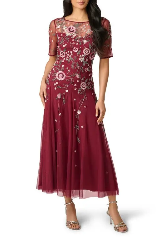 Adrianna Papell Beaded Flutter Sleeve Mesh Cocktail Dress