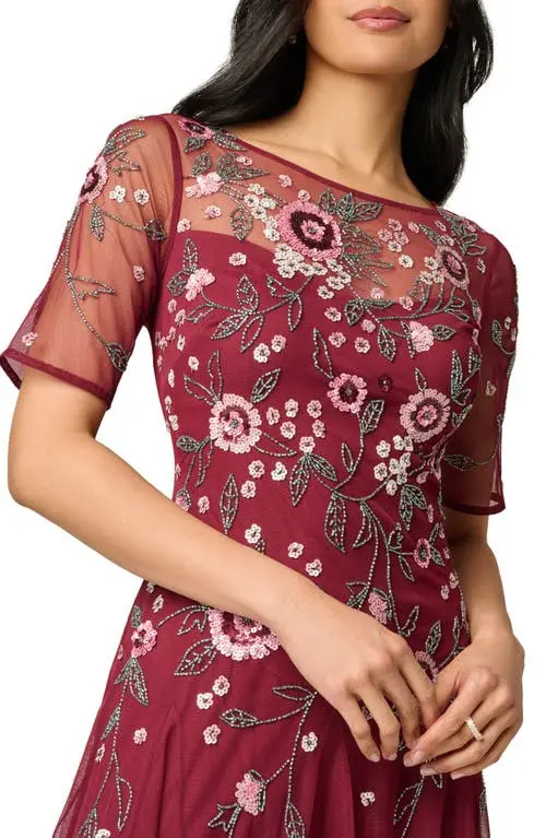 Adrianna Papell Beaded Flutter Sleeve Mesh Cocktail Dress