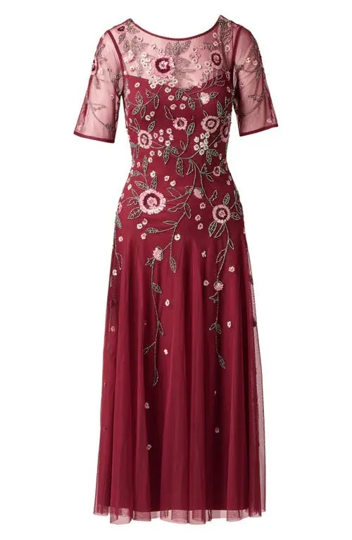 Adrianna Papell Beaded Flutter Sleeve Mesh Cocktail Dress