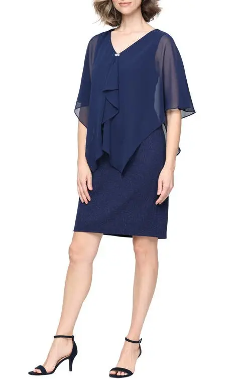 SL FASHIONS Glitter Chiffon & Knit Sheath Dress - Navy