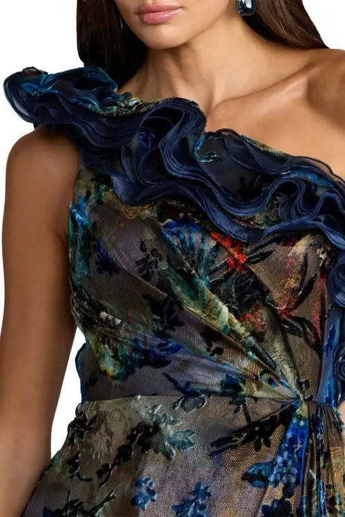 Mac Duggal Floral One Shoulder Burnout Velvet Gown