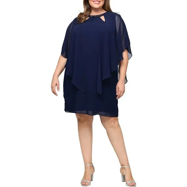 SL FASHIONS Embellished Neckline Cocktail Dress - Navy
