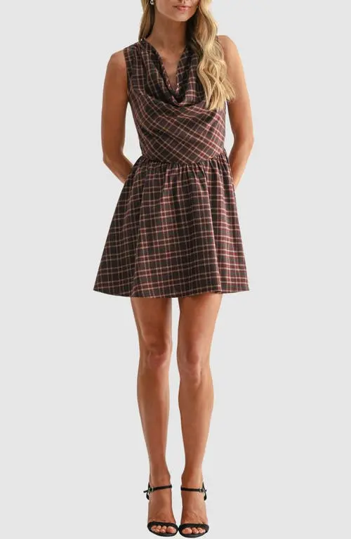 ALL IN FAVOR Plaid Cowl Neck Minidress - Brown Plaid