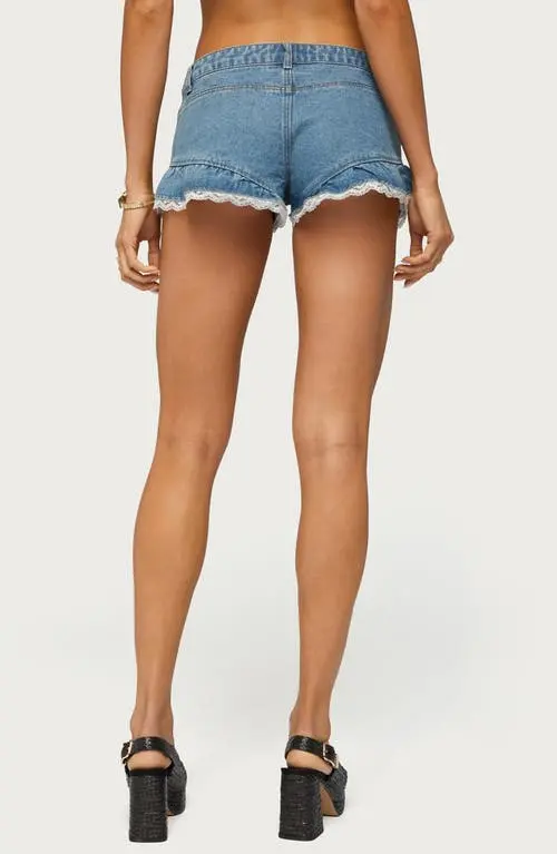 EDIKTED Roy Ruffle Lace Denim Micro Shorts