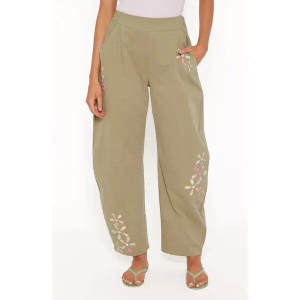 PETAL & PUP Telena Barrel Leg Pants - Olive Green Patchwork