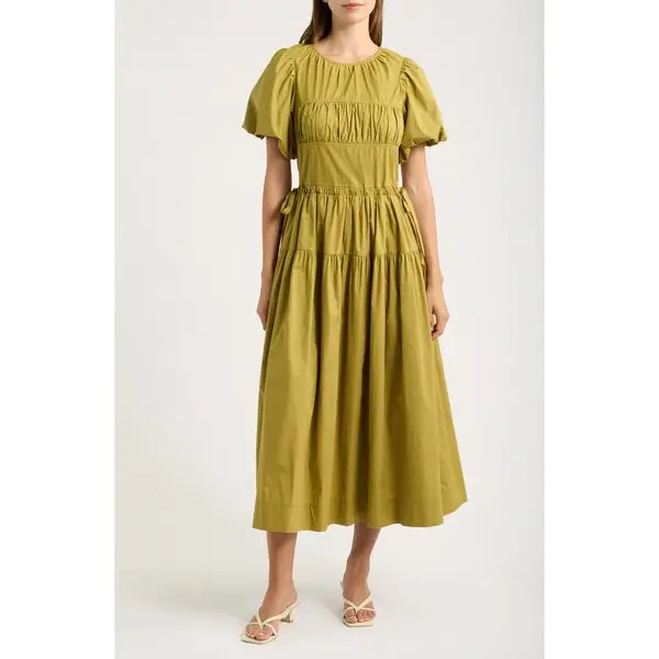 Moon River Smocked Puff Sleeve Midi Dress