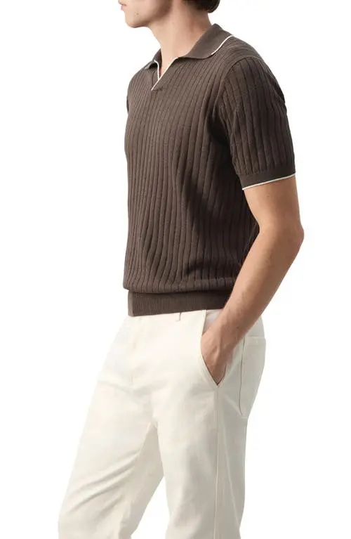 Mango Regular Fit Linen Blend Rib Polo - Brown