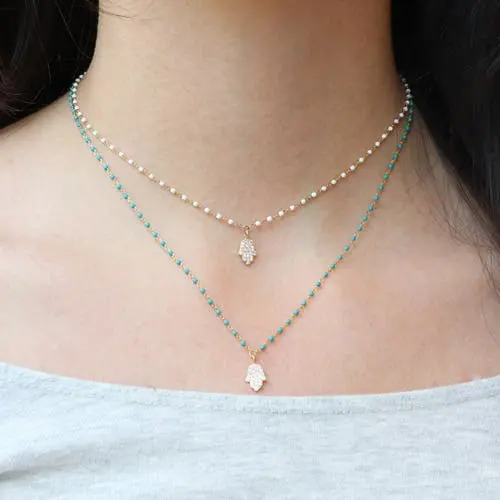 THE LOVERY FINE JEWELRY Gold-plated Sterling Silver Beaded Hamsa Necklace