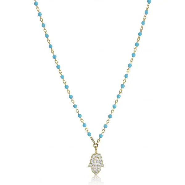 THE LOVERY Fine Jewelry Gold-plated Sterling Silver Beaded Hamsa Necklace - Blue Enamel
