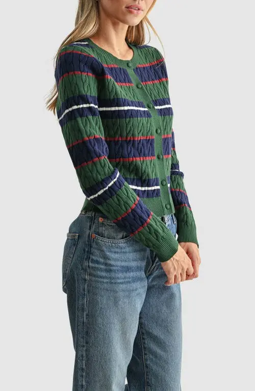 ALL IN FAVOR Striped Cable Knit Cardigan - Pine Navy Stripe