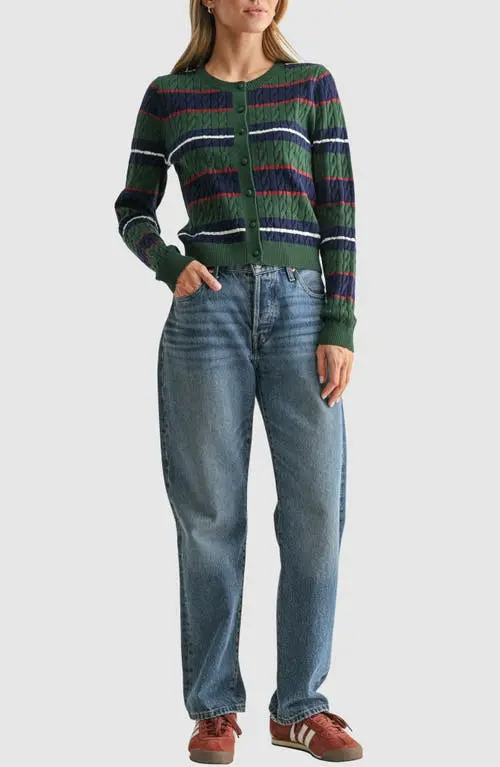 ALL IN FAVOR Striped Cable Knit Cardigan - Pine Navy Stripe