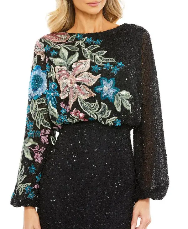 Mac Duggal Embellished Multi Color Floral High Neck Gown