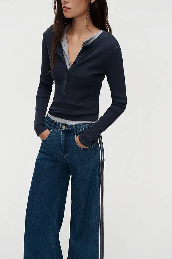 PILCRO Azura High-rise Wide-leg Track Stripe Jeans - Medium Denim