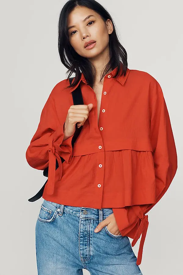 Maeve Long Sleeve Poet Cuff Shirt - Red