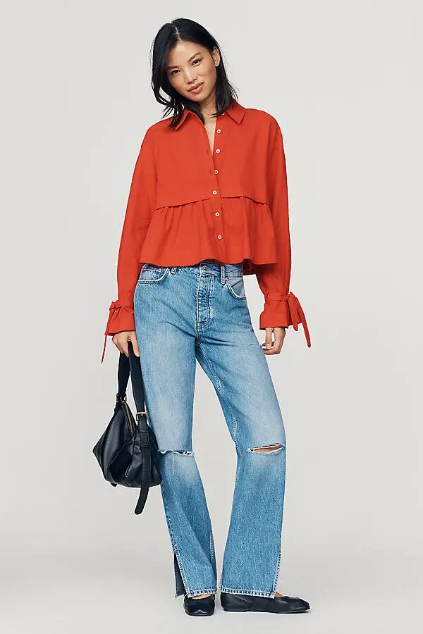 Maeve Long Sleeve Poet Cuff Shirt - Red