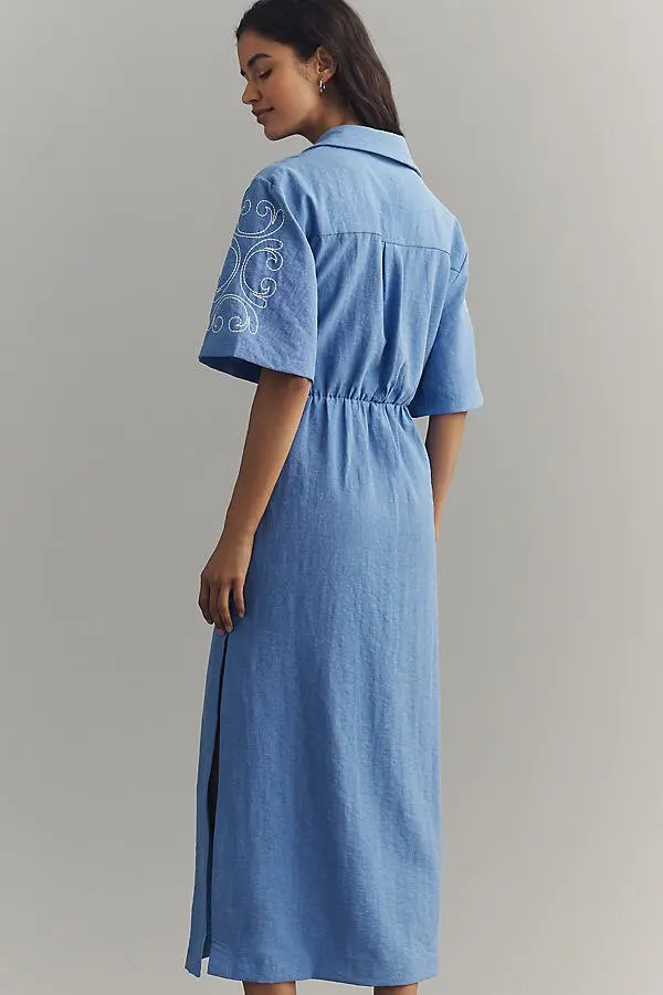 MON RENN Embroidered Linen Blend Midi Shirtdress