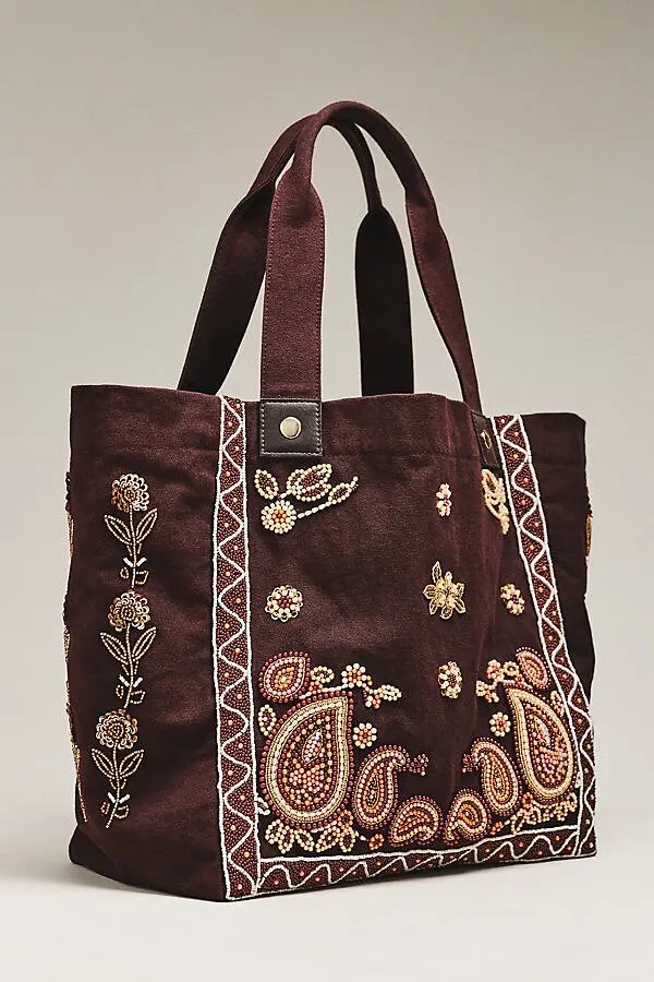 Anthropologie Beaded Cotton Canvas Tote Bag