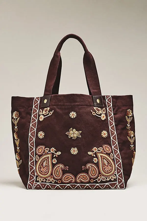Anthropologie Beaded Cotton Canvas Tote Bag