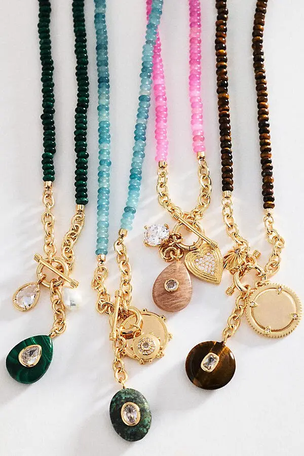 Anthropologie Beaded Charm Pendant Necklace - Brown
