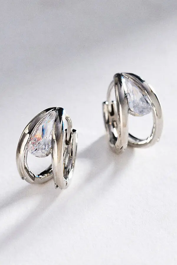 Anthropologie Crystal Huggie Hoop Earrings - Silver