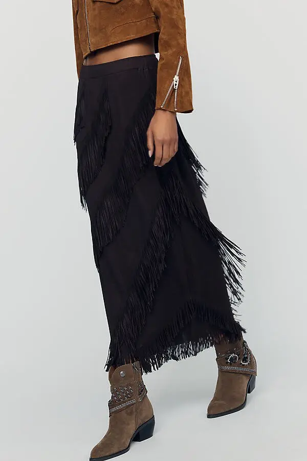 MAUDE CLUB Kellie Fringe Midi Skirt