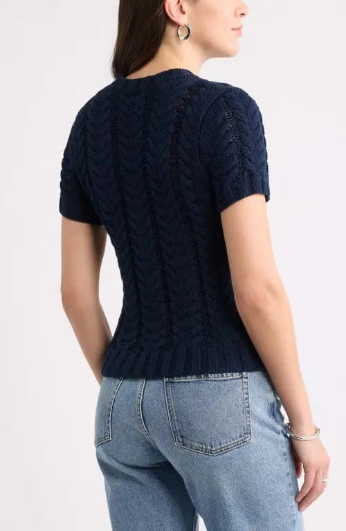 Caslon Cable Stitch Short Sleeve Cotton Sweater - Navy Still