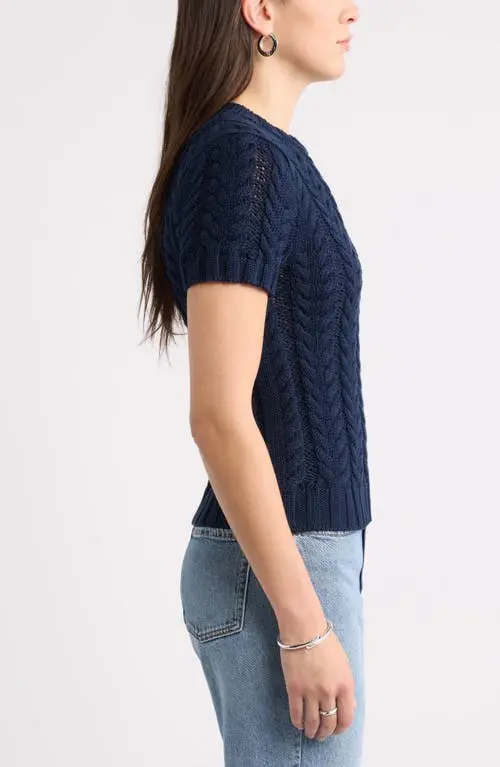 Caslon Cable Stitch Short Sleeve Cotton Sweater - Navy Still