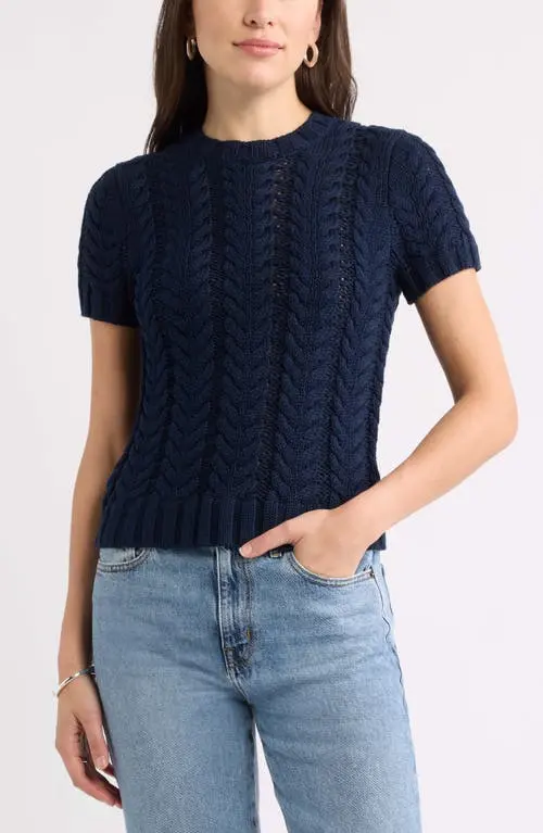 Caslon Cable Stitch Short Sleeve Cotton Sweater - Navy Still