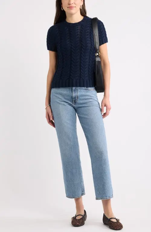Caslon Cable Stitch Short Sleeve Cotton Sweater - Navy Still