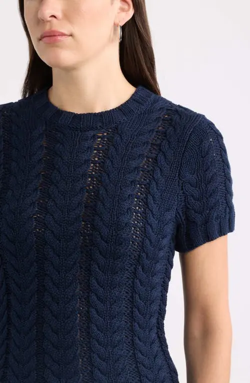 Caslon Cable Stitch Short Sleeve Cotton Sweater - Navy Still