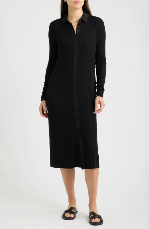 CLOTH & STONE Front Button Long Sleeve Rib Midi Dress