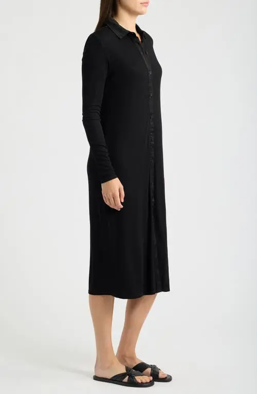 CLOTH & STONE Front Button Long Sleeve Rib Midi Dress