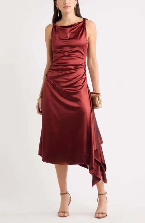 Chelsea28 Ruched Asymmetric Satin Midi Dress - Red Pear