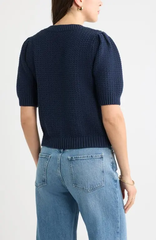 Caslon Puff Sleeve Textured Cotton Cardigan - Navy Still