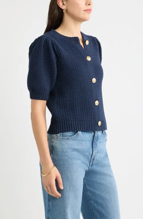 Caslon Puff Sleeve Textured Cotton Cardigan - Navy Still