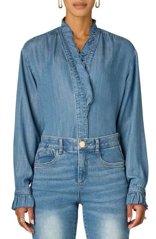 Wit & Wisdom Ruffle Neck Lyocell Chambray Shirt