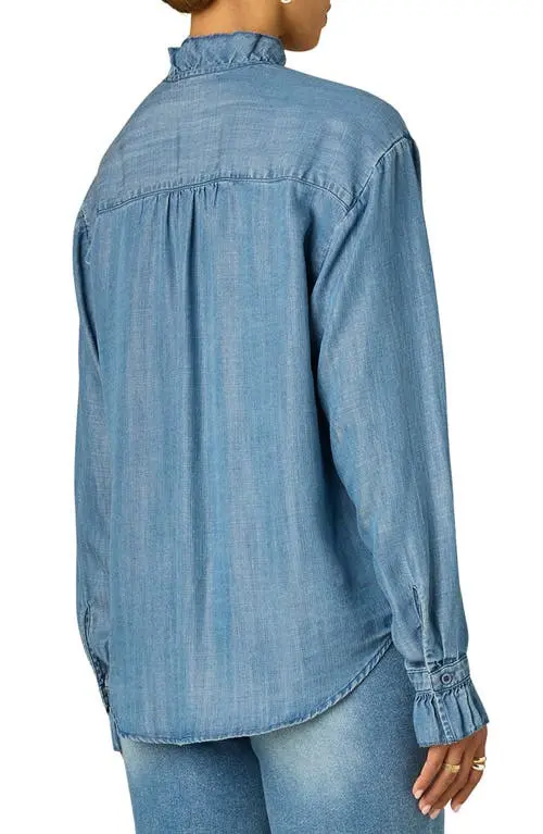 Wit & Wisdom Ruffle Neck Lyocell Chambray Shirt