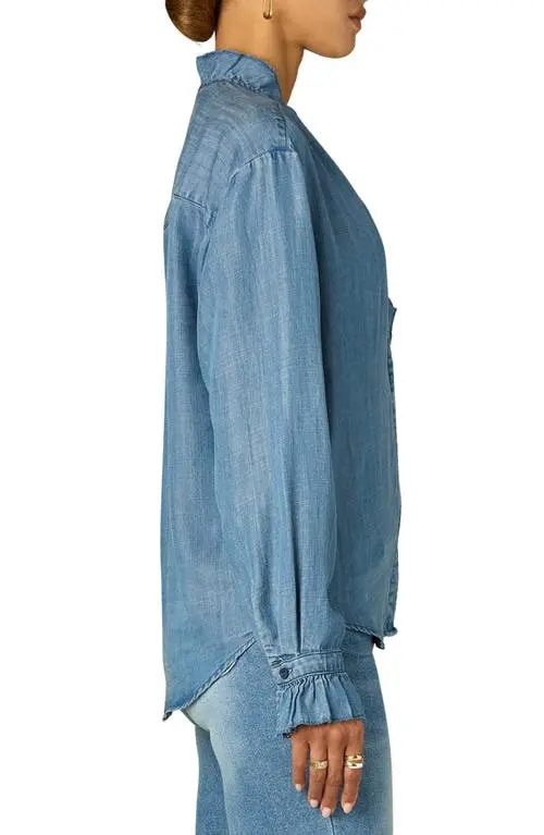Wit & Wisdom Ruffle Neck Lyocell Chambray Shirt