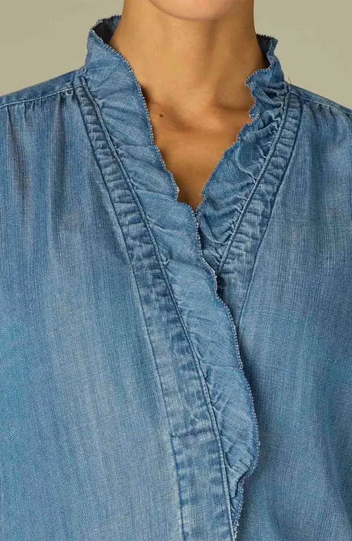 Wit & Wisdom Ruffle Neck Lyocell Chambray Shirt