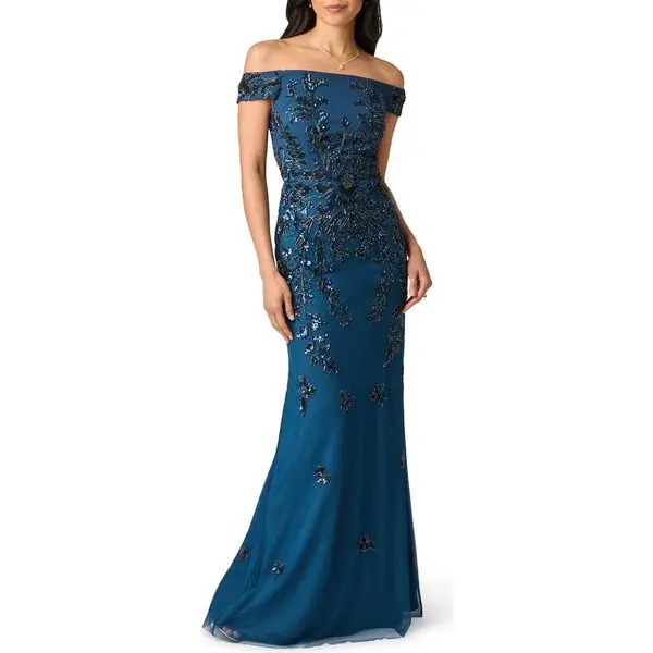 Adrianna Papell Beaded Off-the-shoulder Mermaid Gown