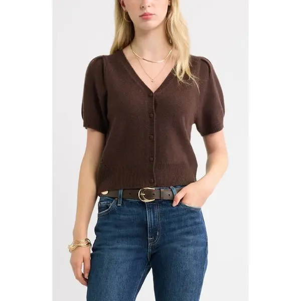 Treasure & Bond Wool & Cashmere Puff Sleeve Cardigan - Brown Chicory