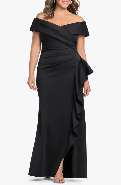 XSCAPE EVENINGS Off The Shoulder Ruffle Scuba Crepe Gown - Black