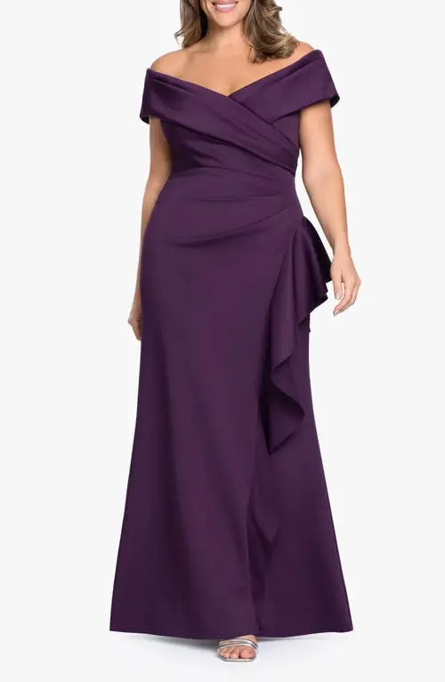 XSCAPE EVENINGS Off The Shoulder Ruffle Scuba Crepe Gown
