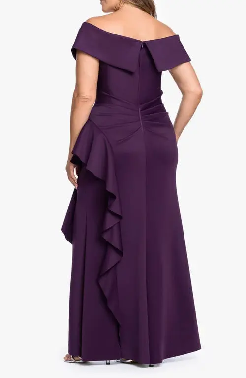 XSCAPE EVENINGS Off The Shoulder Ruffle Scuba Crepe Gown