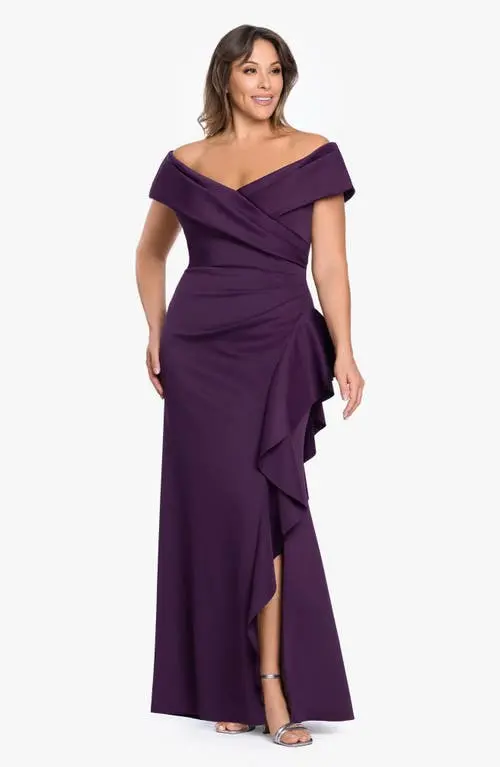 XSCAPE EVENINGS Off The Shoulder Ruffle Scuba Crepe Gown