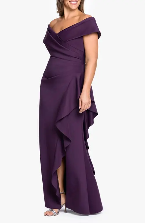 XSCAPE EVENINGS Off The Shoulder Ruffle Scuba Crepe Gown