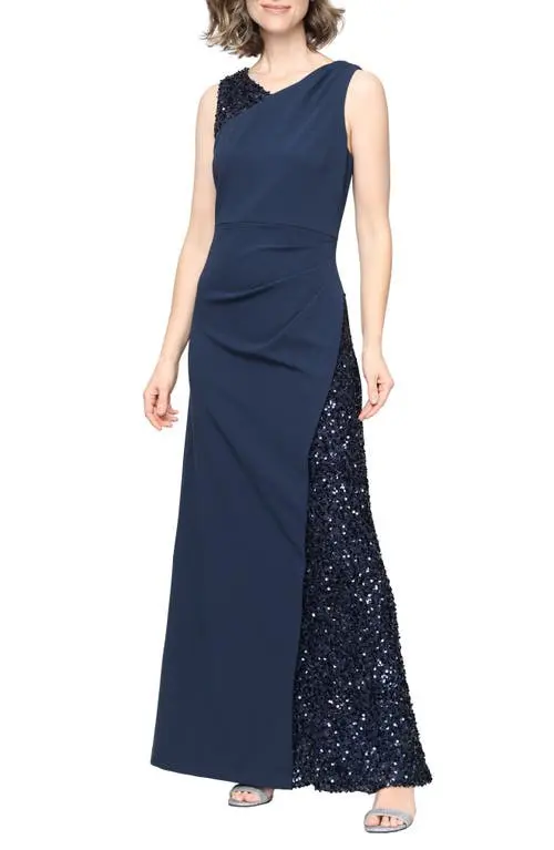 SL FASHIONS Sequin Pleated Sleeveless Stretch Crepe Gown